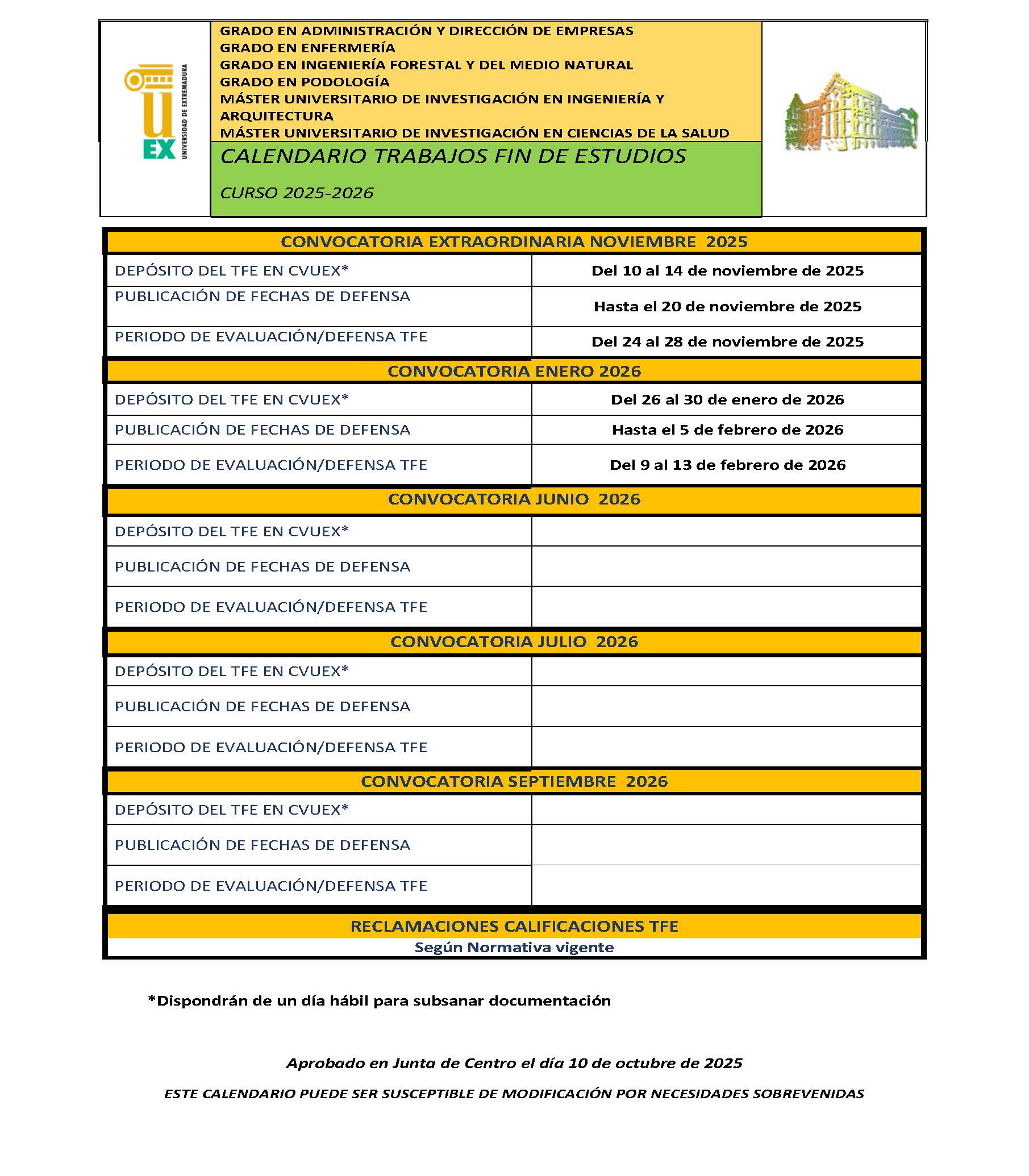 CALENDARIO TFE 2025-2026 / Convocatorias Noviembre y Enero – Centro ...